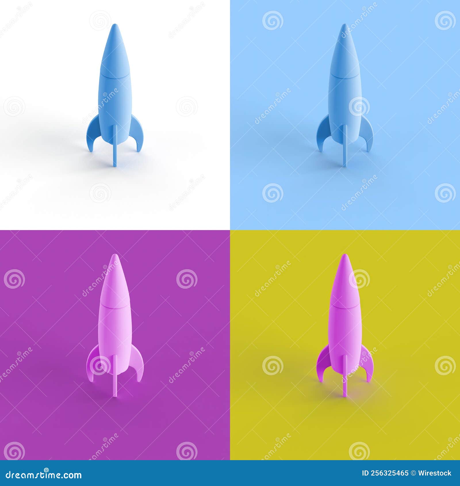 Collage of 3D Rendered Minimalistic Rocket in Four Different Vibrant ...