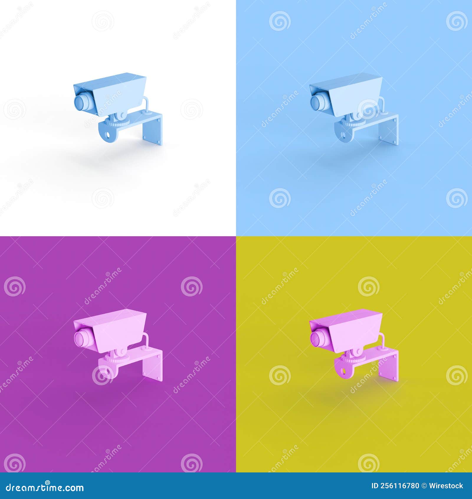 Collage of 3D Rendered Surveillance Cameras in Four Different Vibrant ...