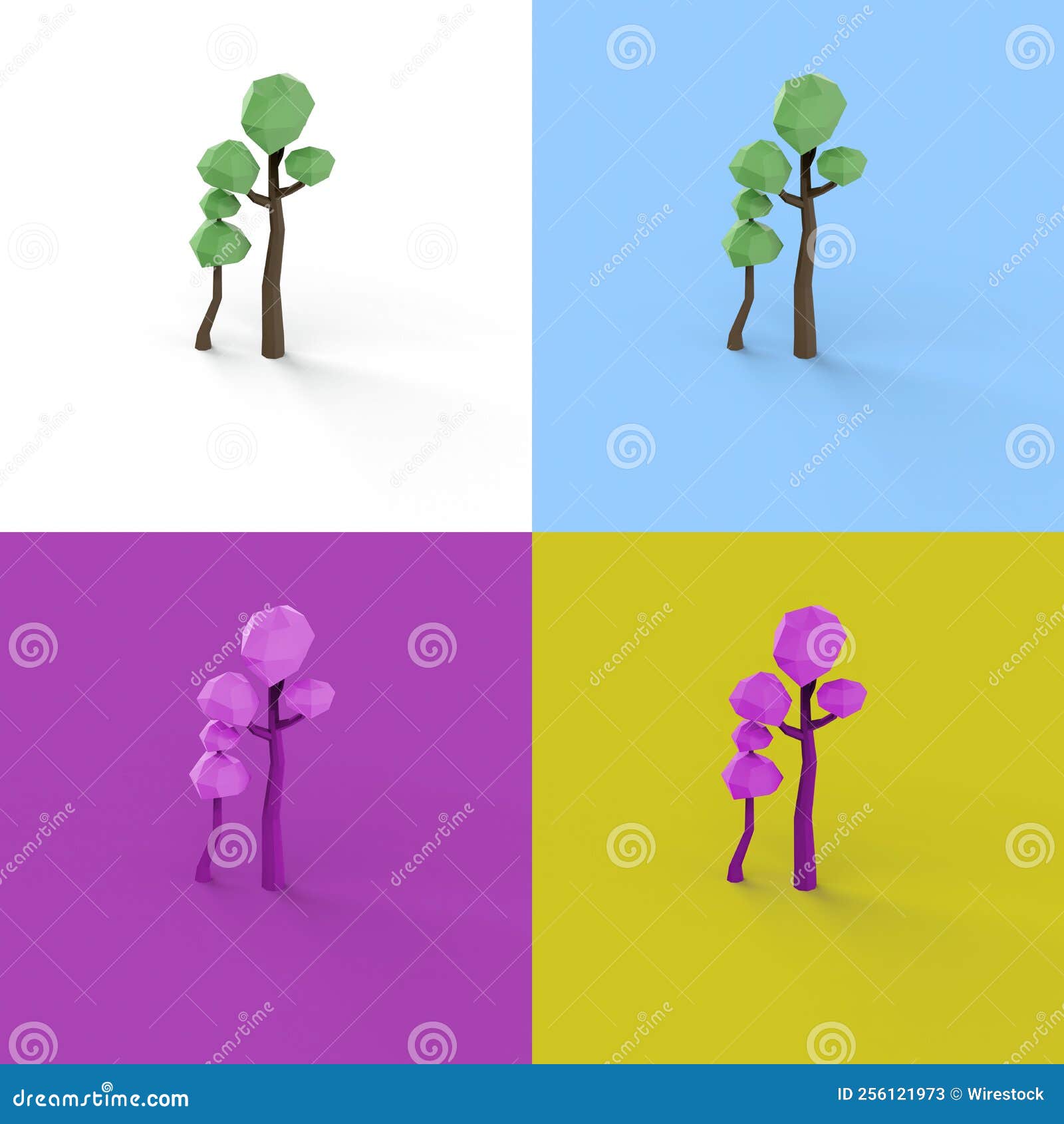 Collage of 3D Rendered Trees in Four Different Vibrant Colors Stock ...