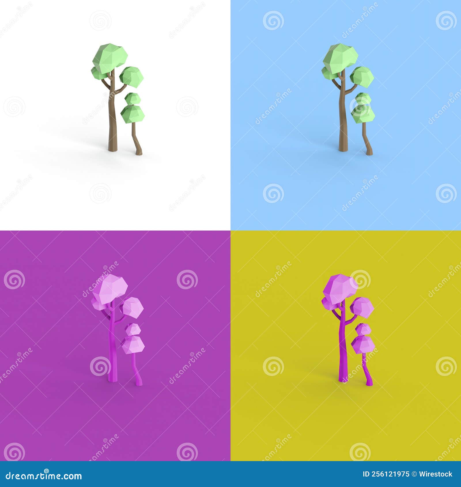 Collage of 3D Rendered Trees in Four Different Vibrant Colors Stock ...