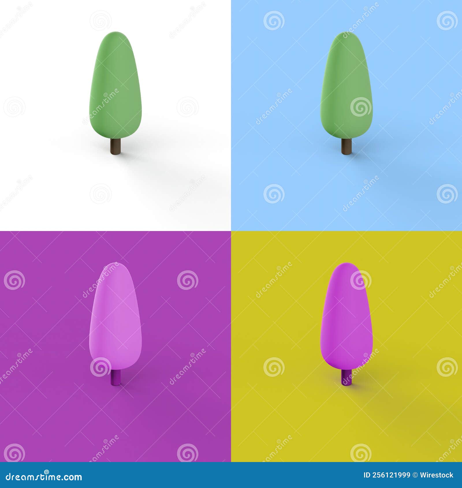 Collage of 3D Rendered Trees in Four Different Vibrant Colors Stock ...