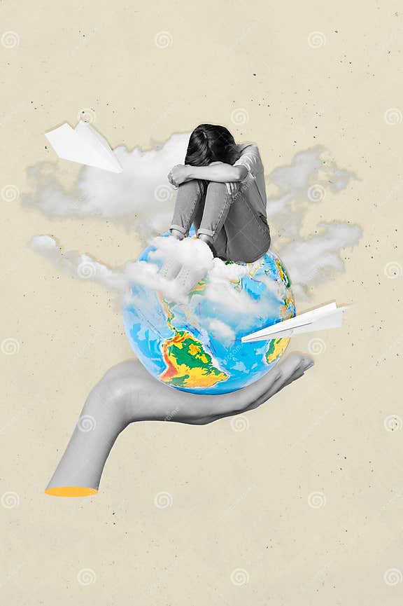 Collage 3d Sketch Template Artwork Poster Of Unhappy Sad Girl Sitting