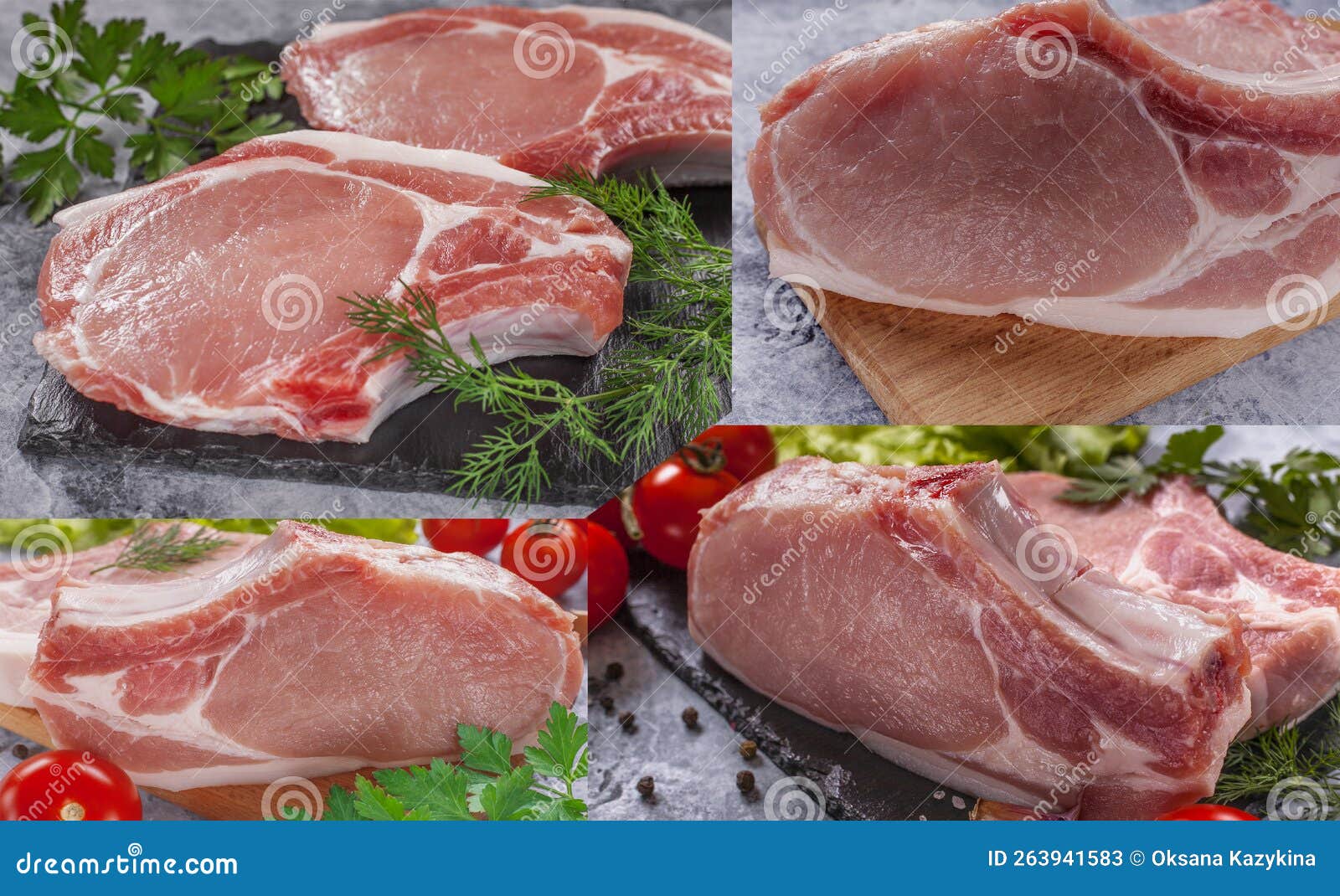 Collage De Filetes De Cerdo Crudos Con Tomates Y Hierbas Imagen de ...
