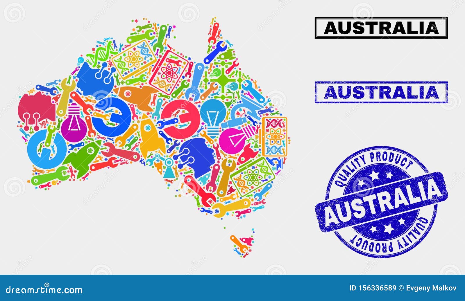 Collage De Industrial Australia Map and Quality Product Watermark ...