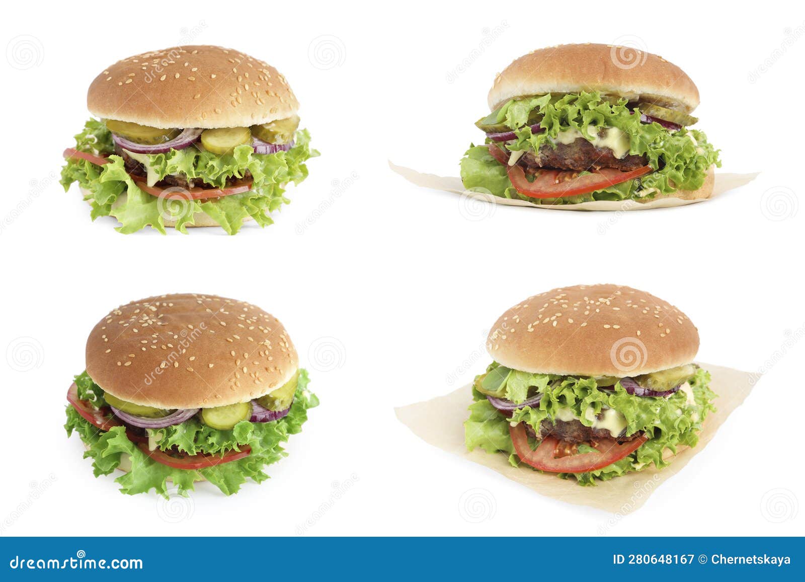 Collage with Delicious Burgers on White Background Stock Image - Image ...