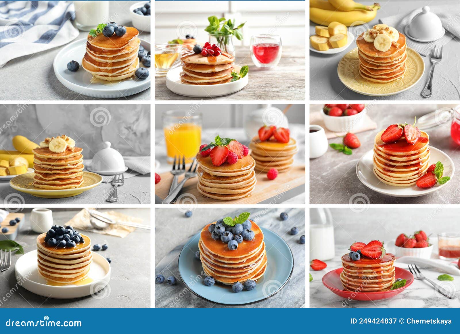Collage of Delicious Pancakes with Different Toppings Stock Image ...