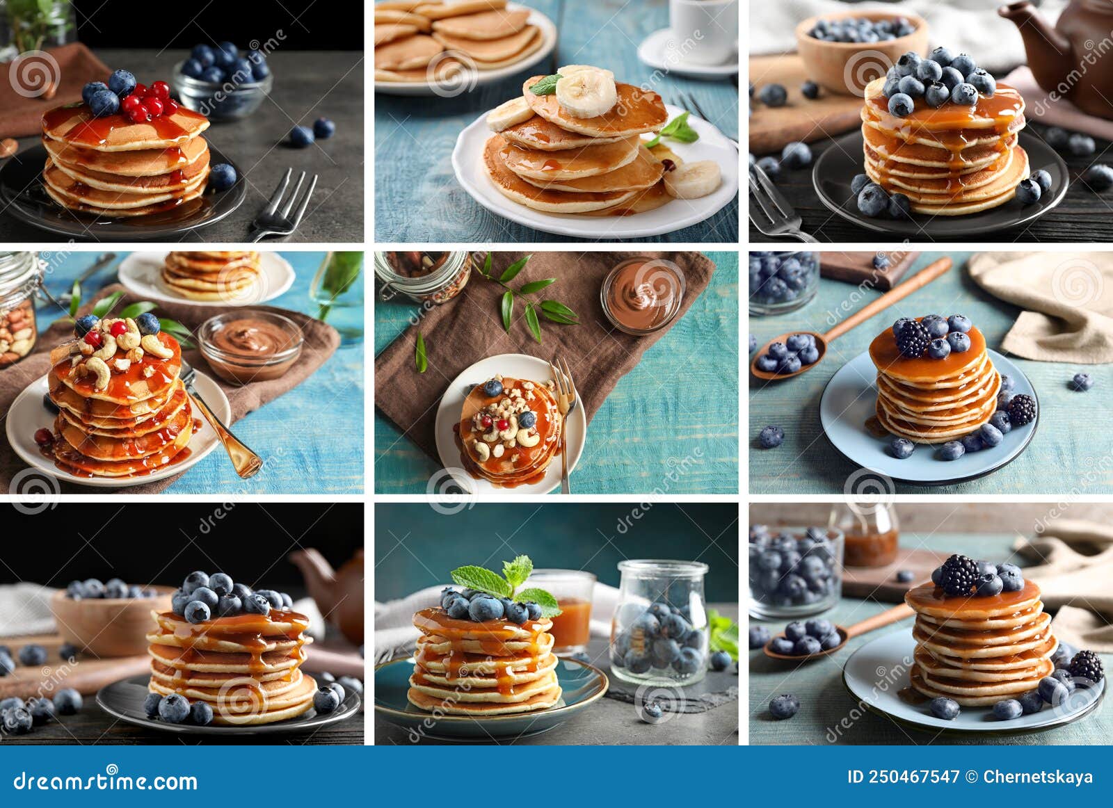 Collage of Delicious Pancakes with Different Toppings Stock Image ...