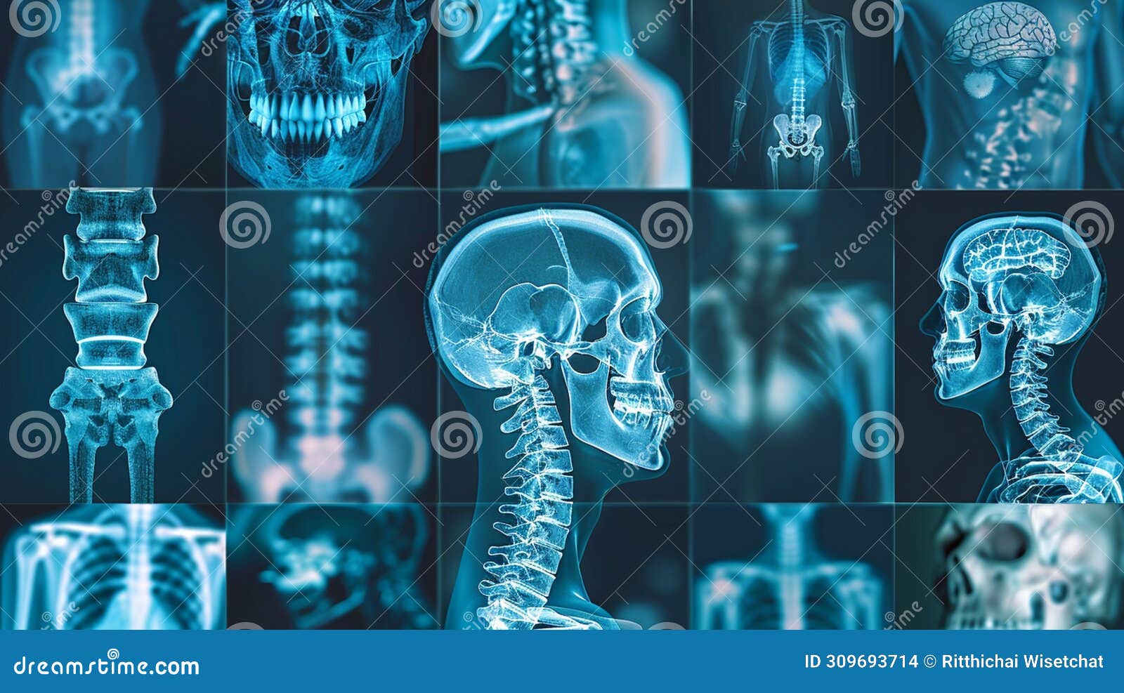 A Collage of Detailed Blue-toned X-ray Images Showcasing Various Angles ...
