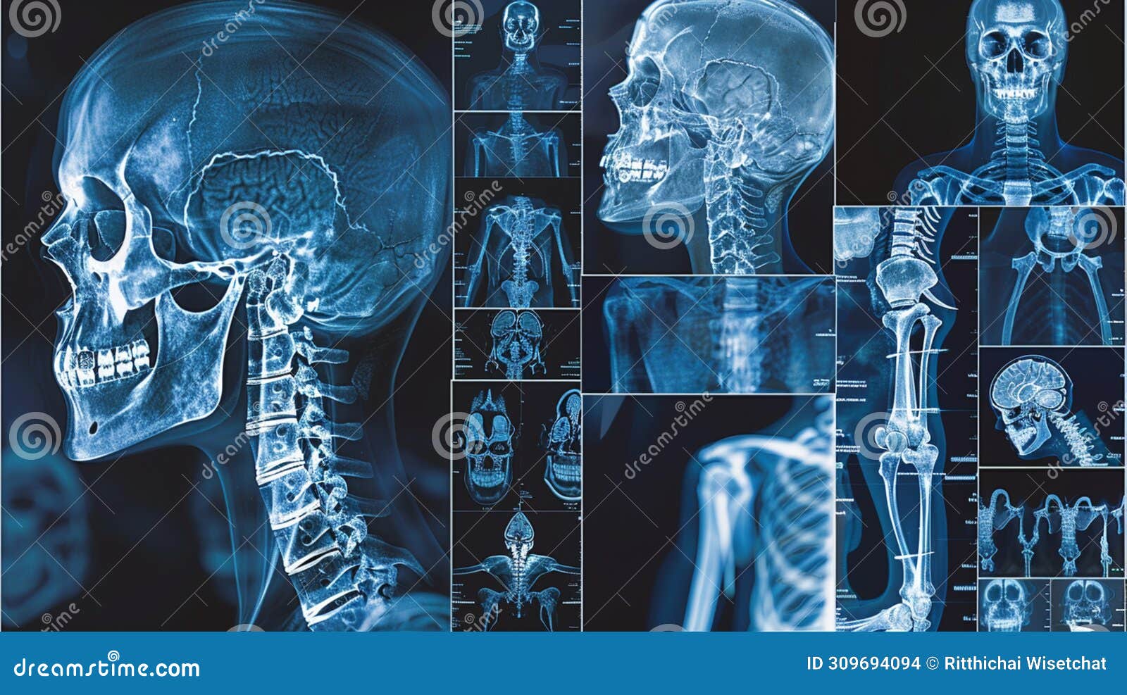 A Collage of Detailed Blue-toned X-ray Images Showcasing Various Angles ...