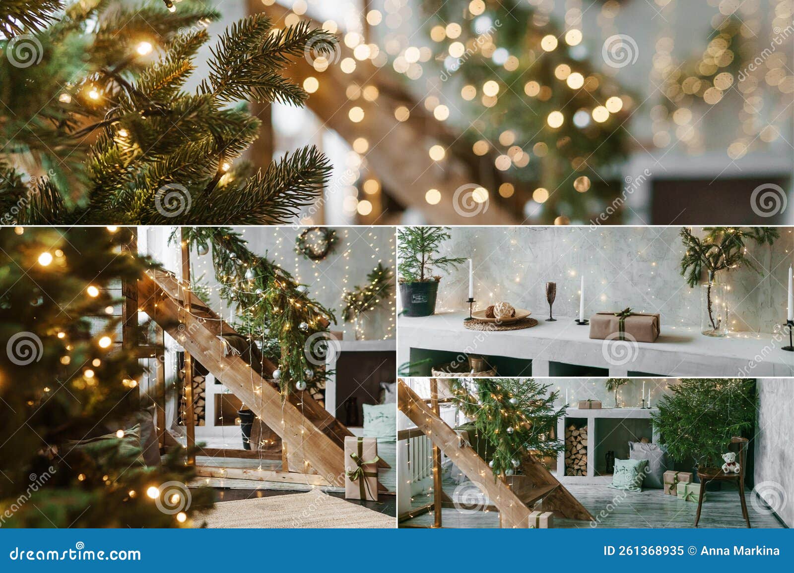 Collage Di Home New Year Interior. Un Albero Di Natale Vivo E Una Scala ... Collage Di Home New Year Interior. Un Albero Di Natale Vivo E Una Scala ...