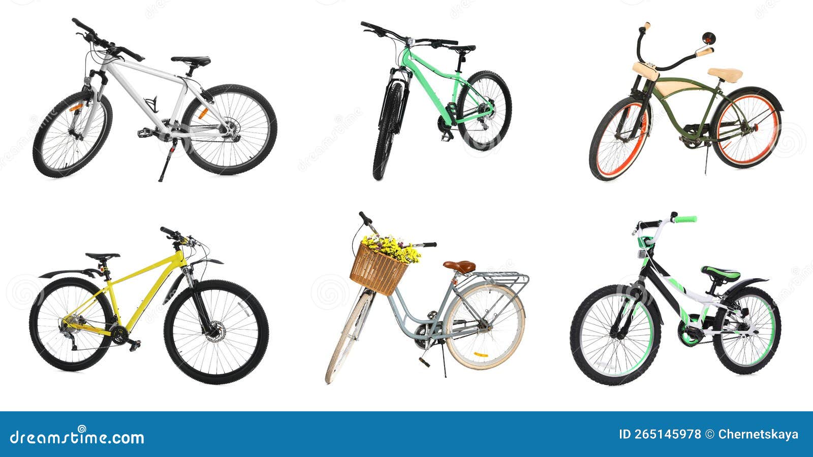 Collage with Different Bicycles on White Background. Banner Design ...