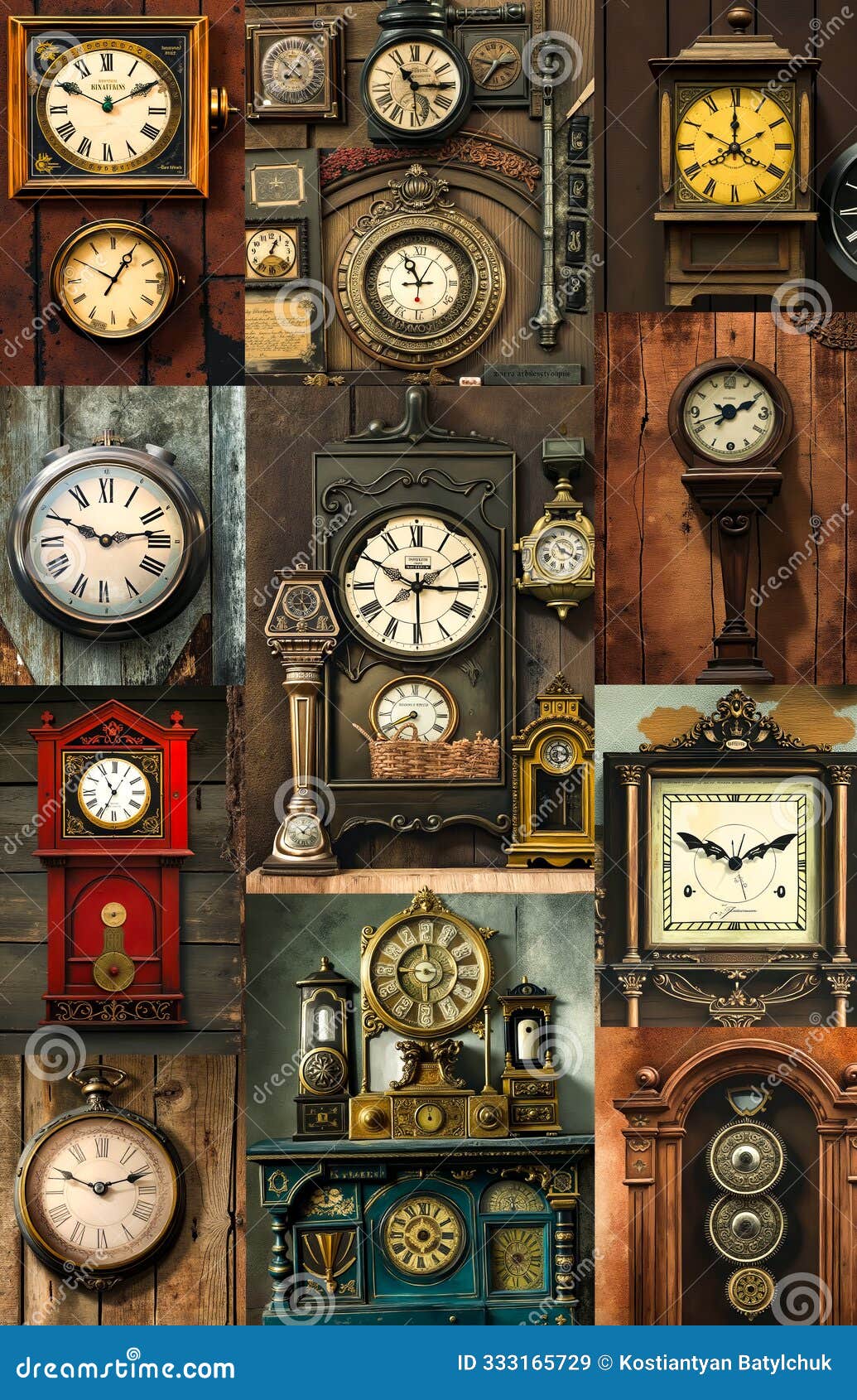 A Collage of Different Clocks on a Wooden Wall Stock Image - Image of ...