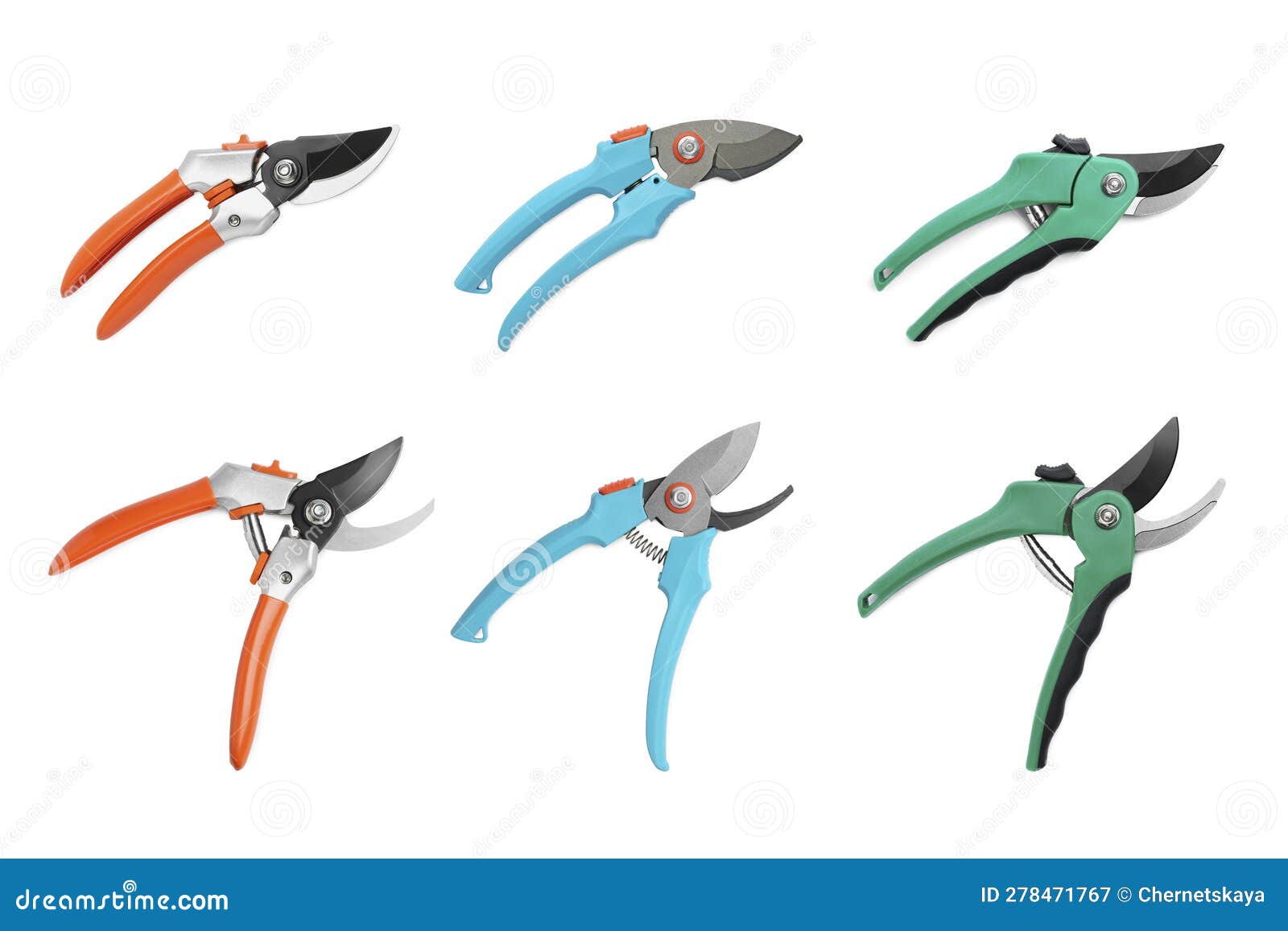 Collage with Different Color Secateurs on White Background Stock Image ...