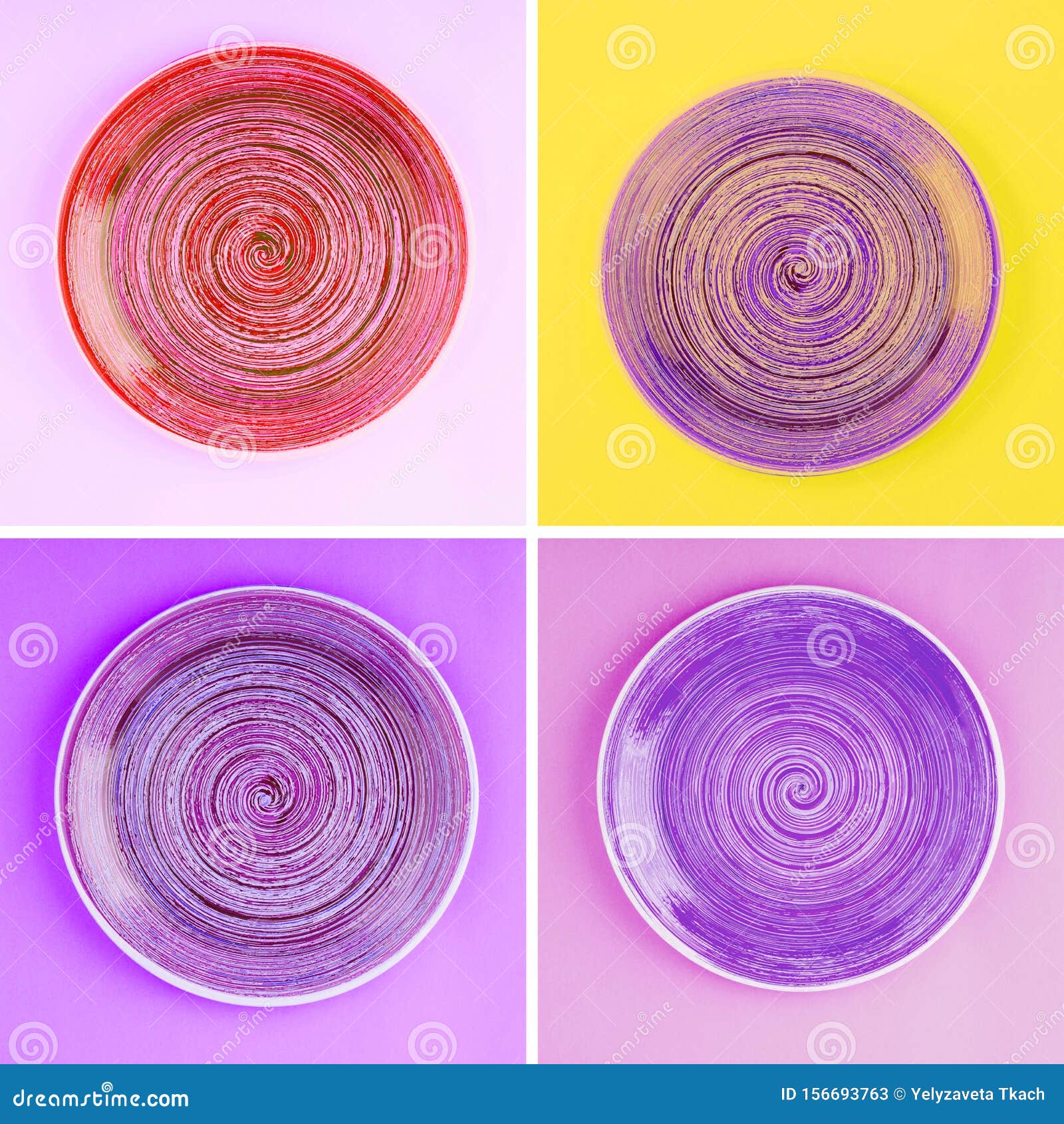 Collage from Different Colored Round Ceramic Plates with Spiral Pattern ...