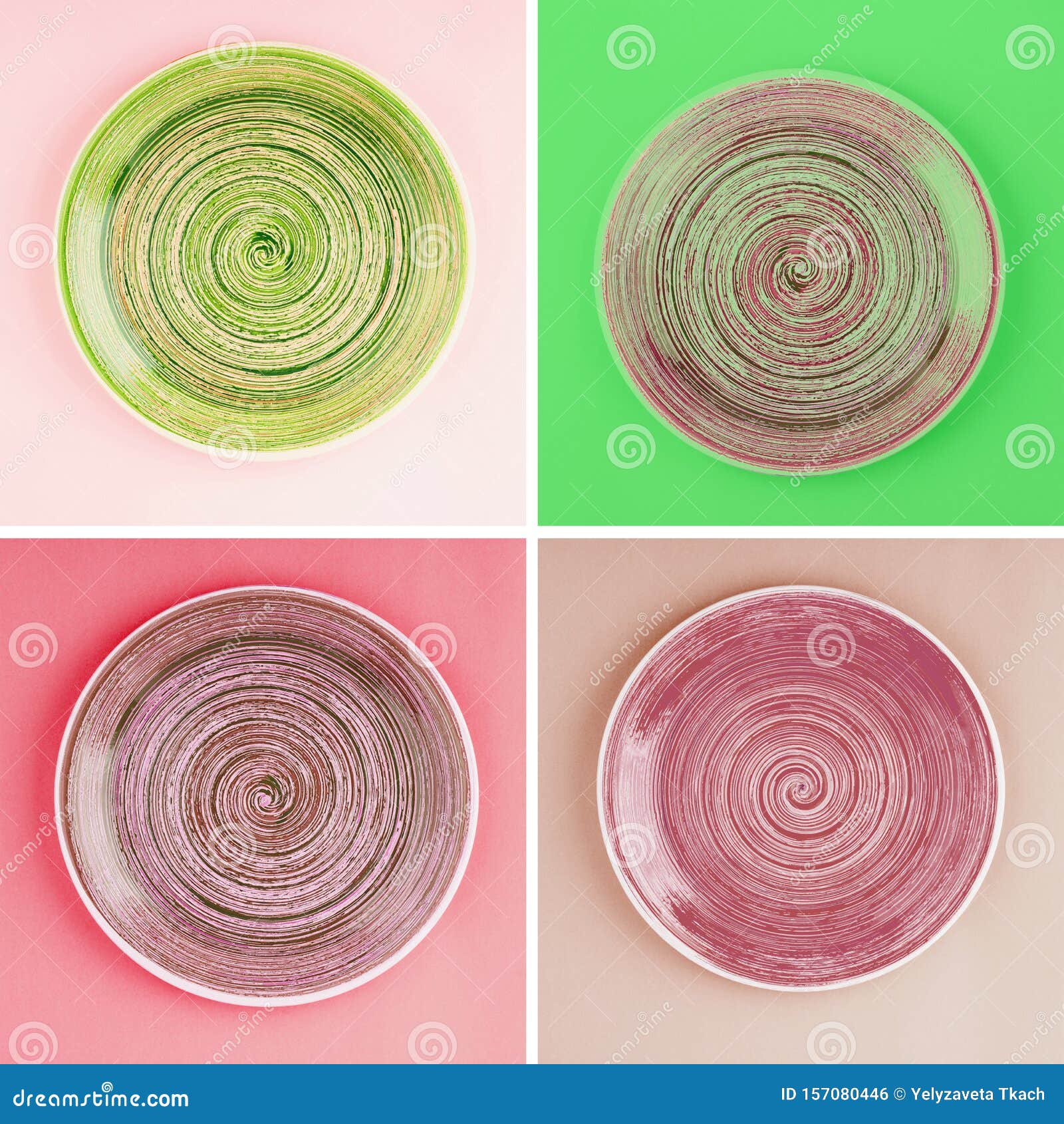 Collage from Different Colored Round Ceramic Plates with Spiral Pattern ...
