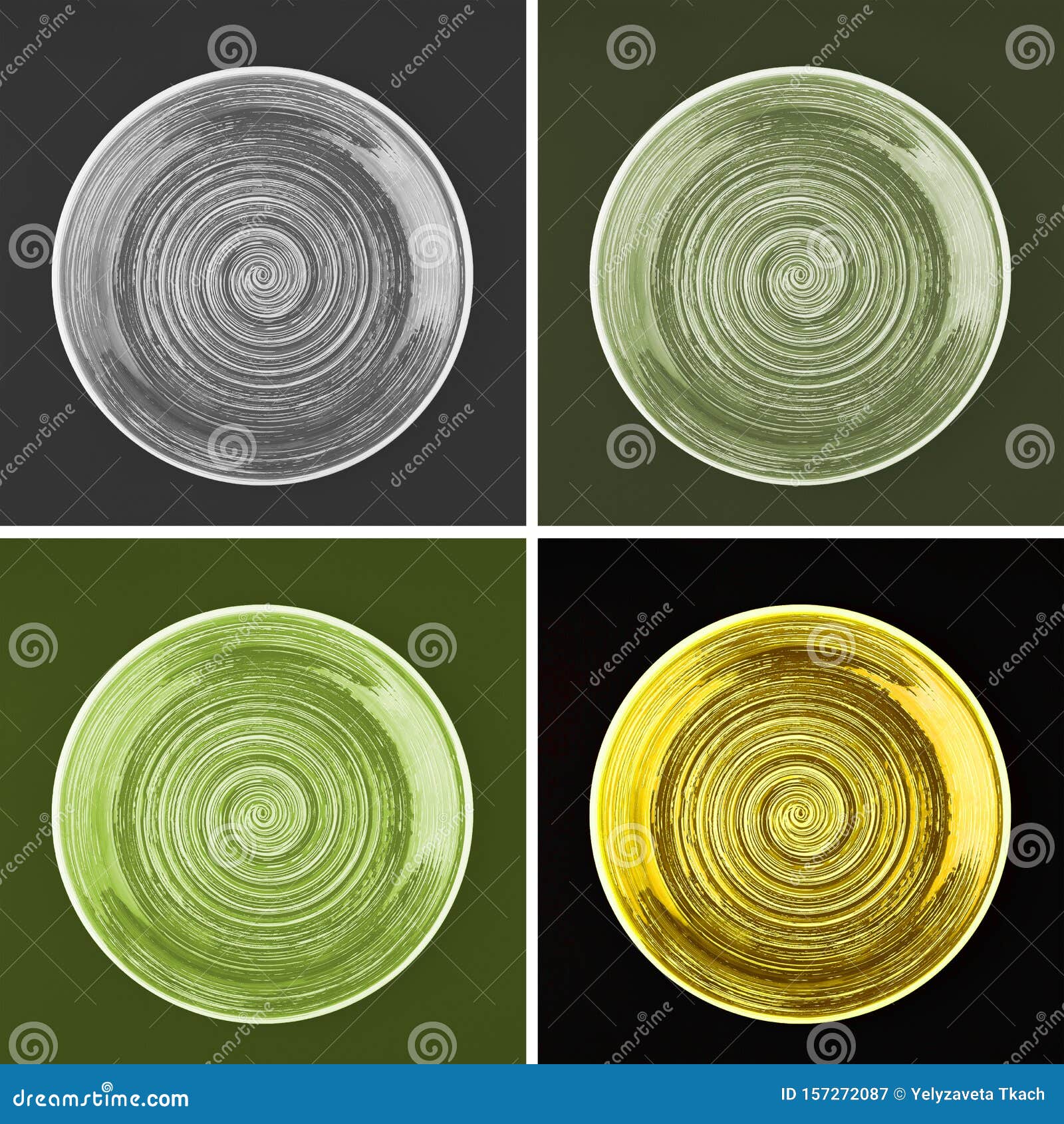 Collage From Different Colored Round Ceramic Plates With Spiral Pattern ...