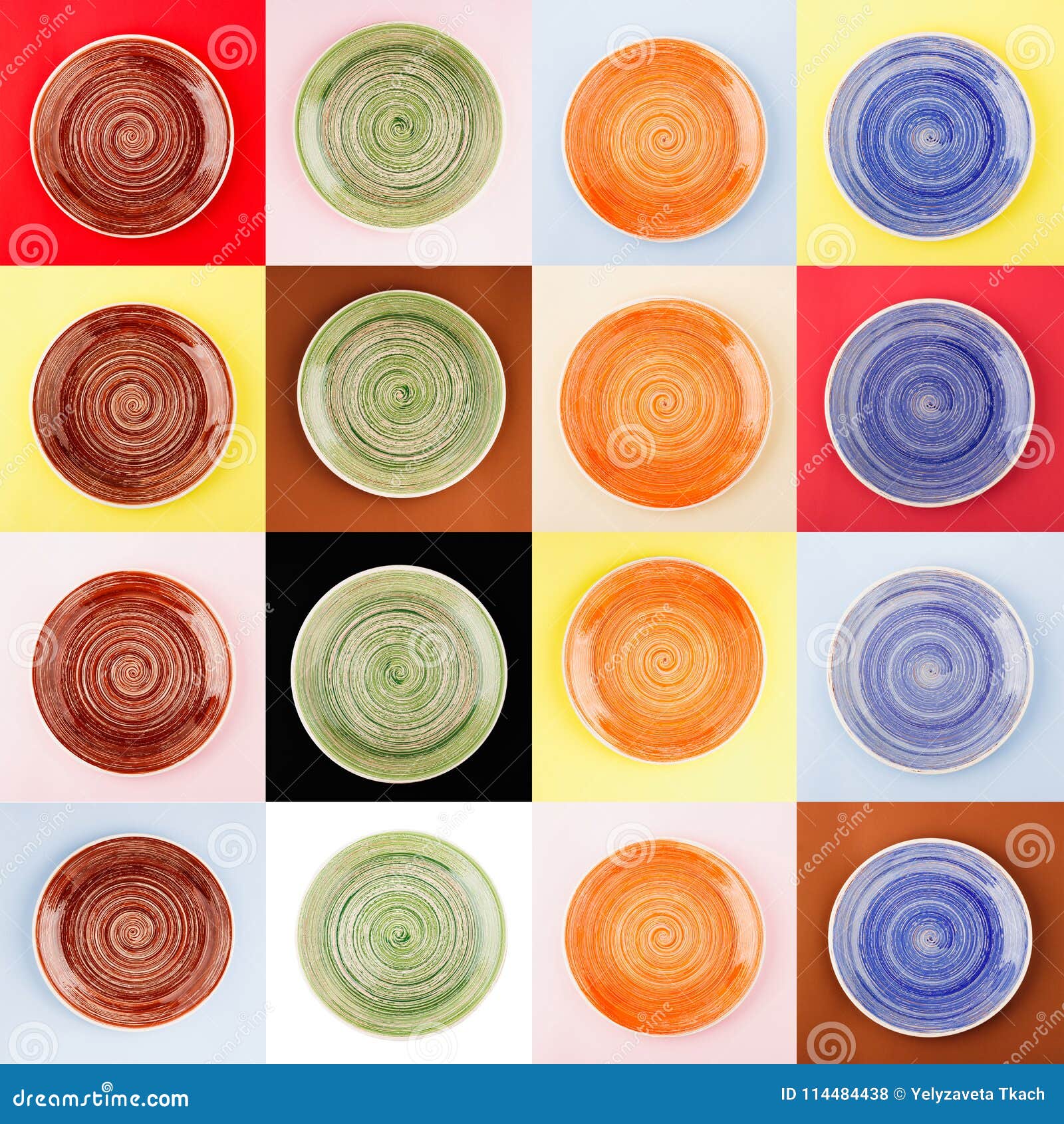 Collage from Different Colored Round Ceramic Plates with Spiral Pattern ...