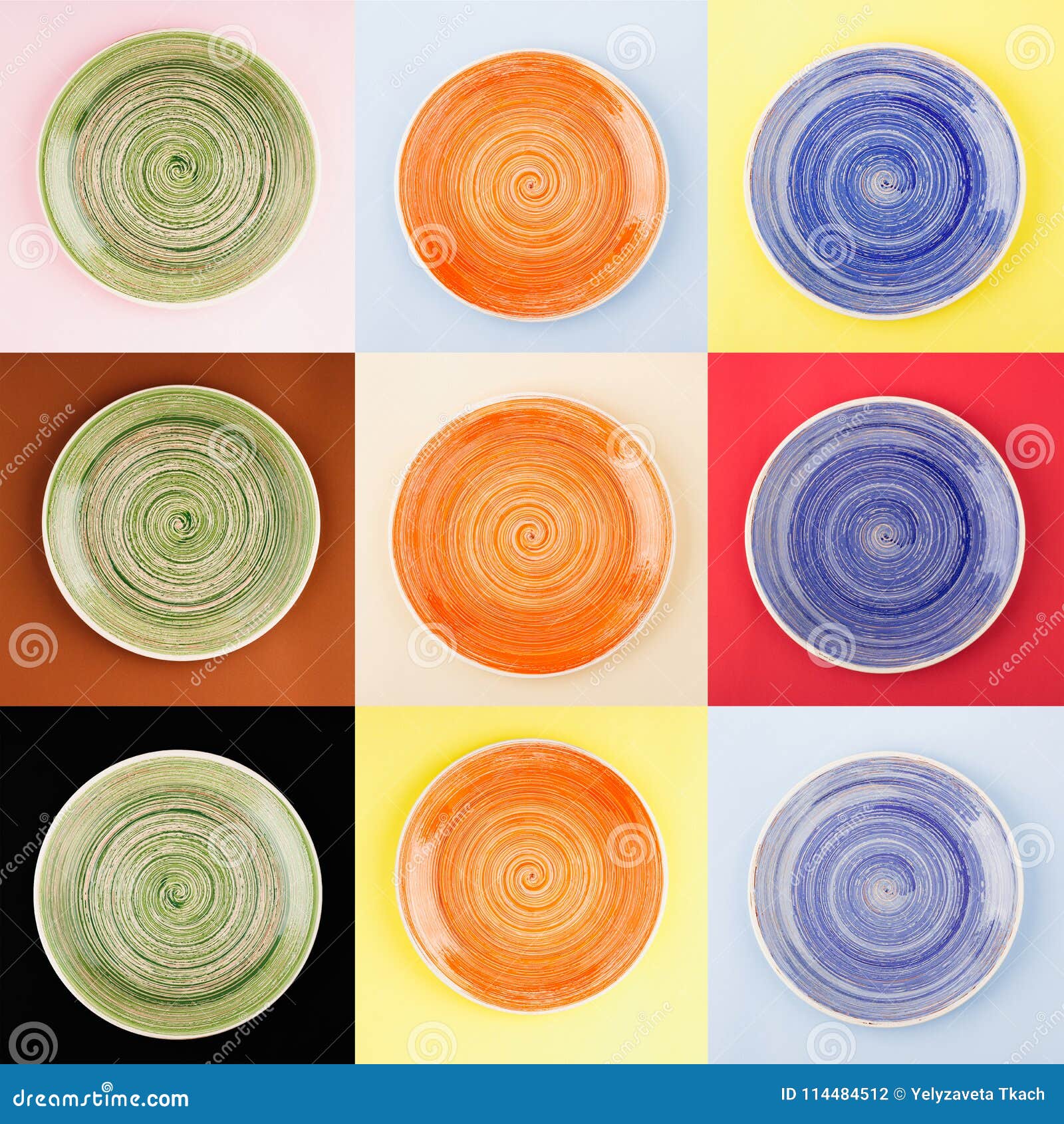 Collage from Different Colored Round Ceramic Plates with Spiral Pattern ...