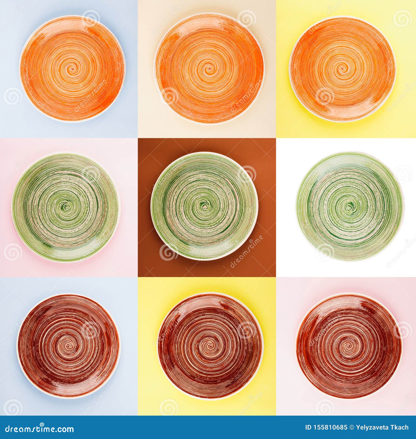 Collage from Different Colored Round Ceramic Plates with Spiral Pattern ...