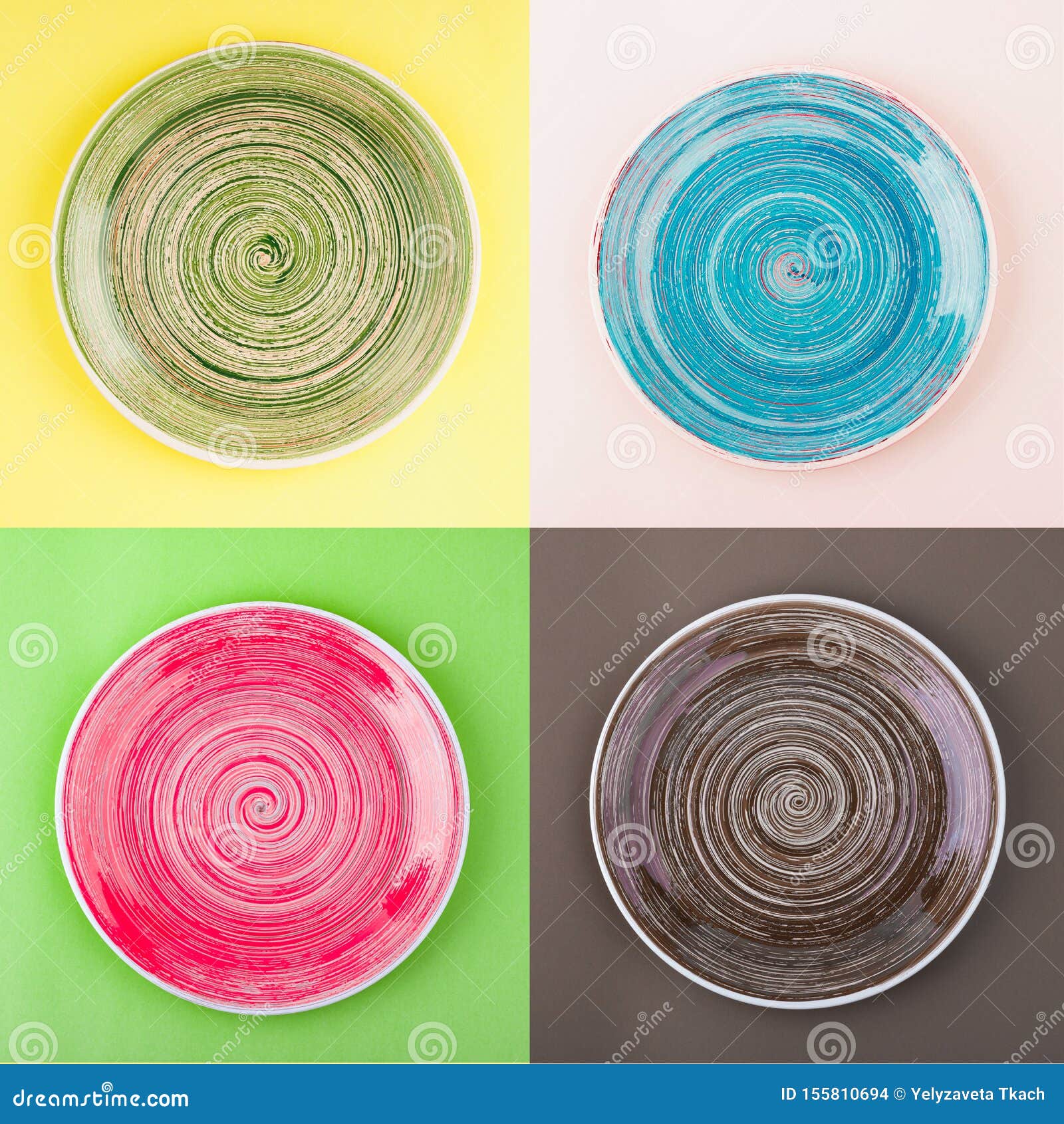 Collage from Different Colored Round Ceramic Plates with Spiral Pattern ...