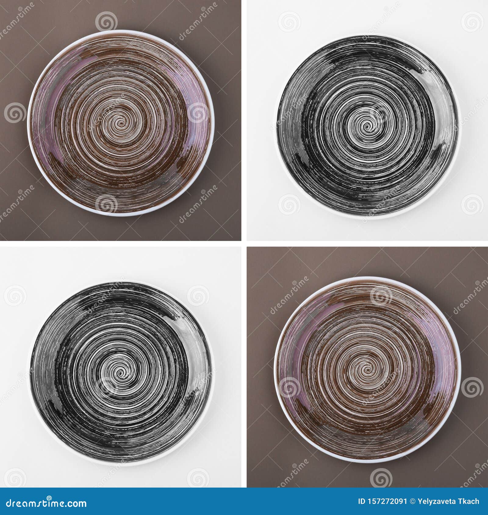 Collage from Different Colored Round Ceramic Plates with Spiral Pattern ...
