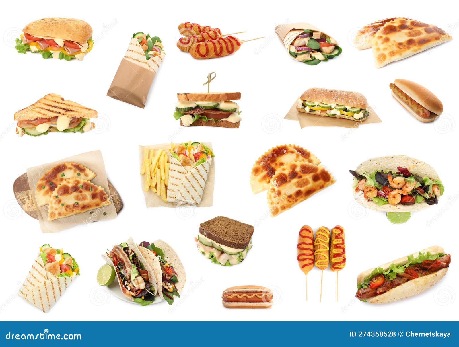 Collage with Different Delicious Fast Food on White Background Stock ...