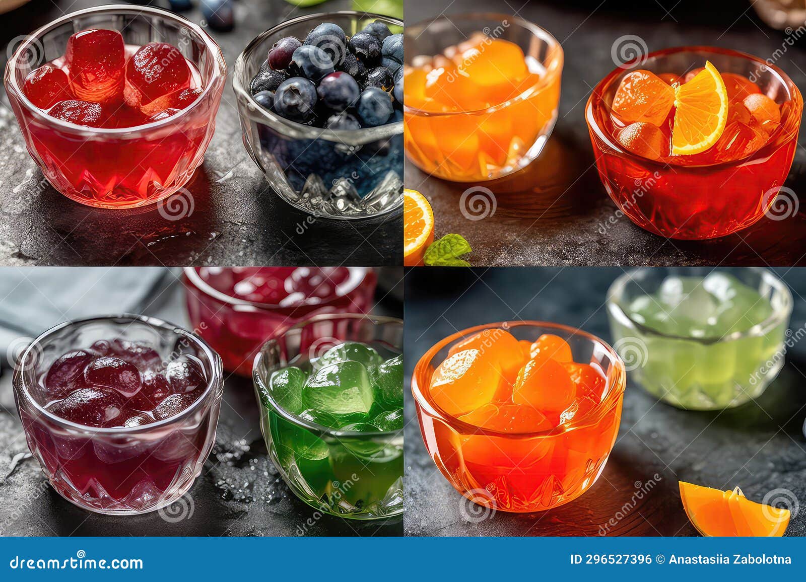 Collage of Different Fruit Jellies in Glass Bowls. Generative AI Stock ...