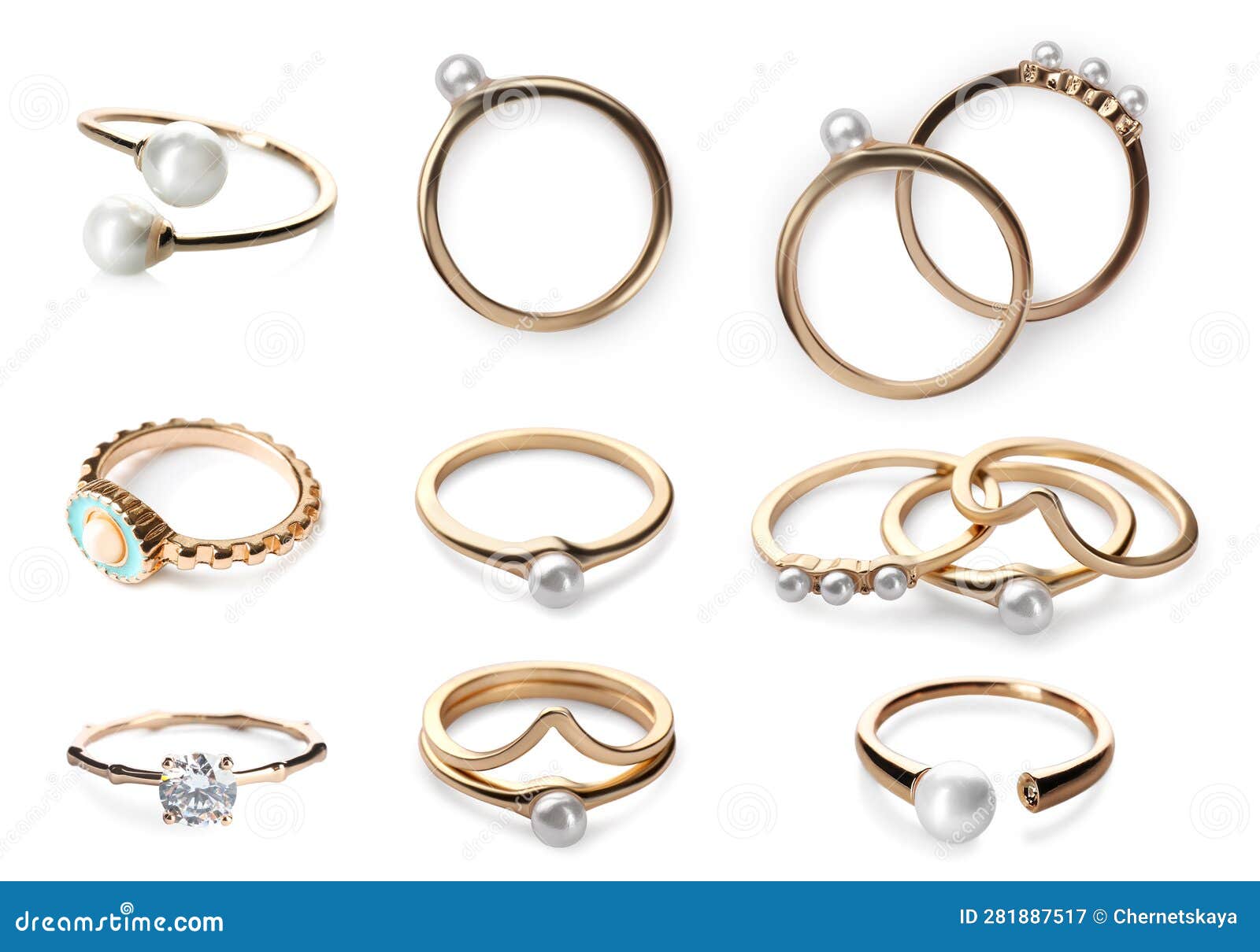 Collage with Different Golden Rings Isolated on White Stock Image ...