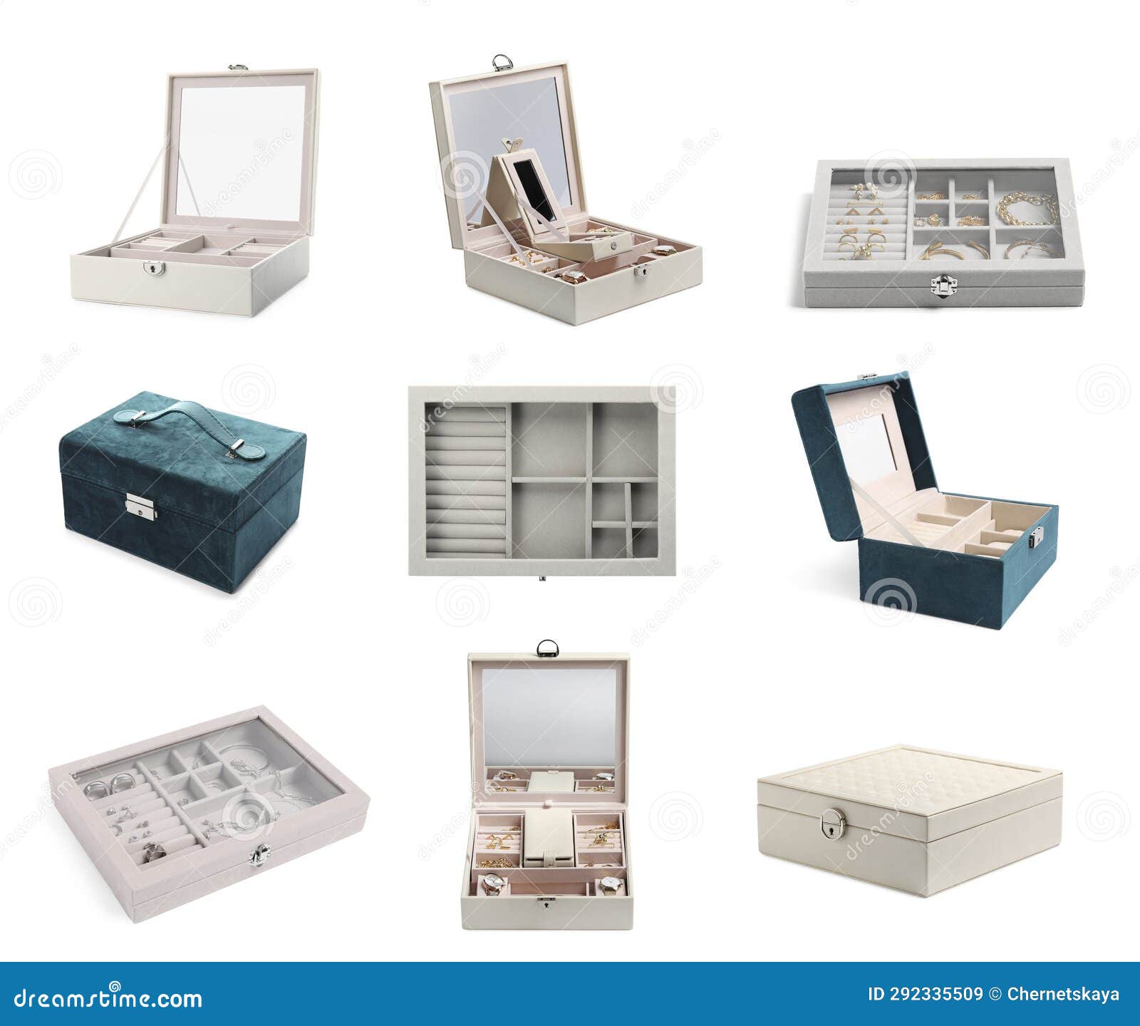 Collage with Different Jewelry Boxes Isolated on White, Different ...