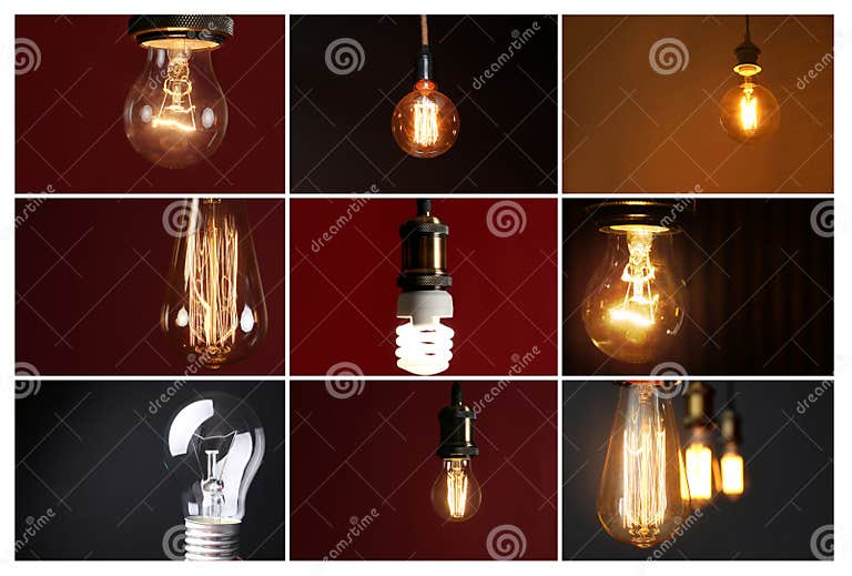 Collage of Different Lamp Bulbs on Dark Stock Image - Image of decor ...