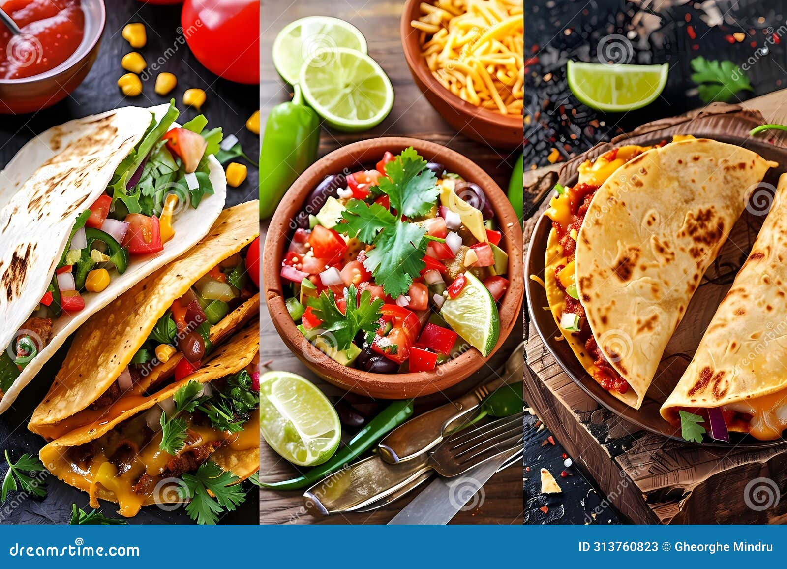 Collage of Different Mexican Tacos with Vegetables, Cheese and Salsa ...