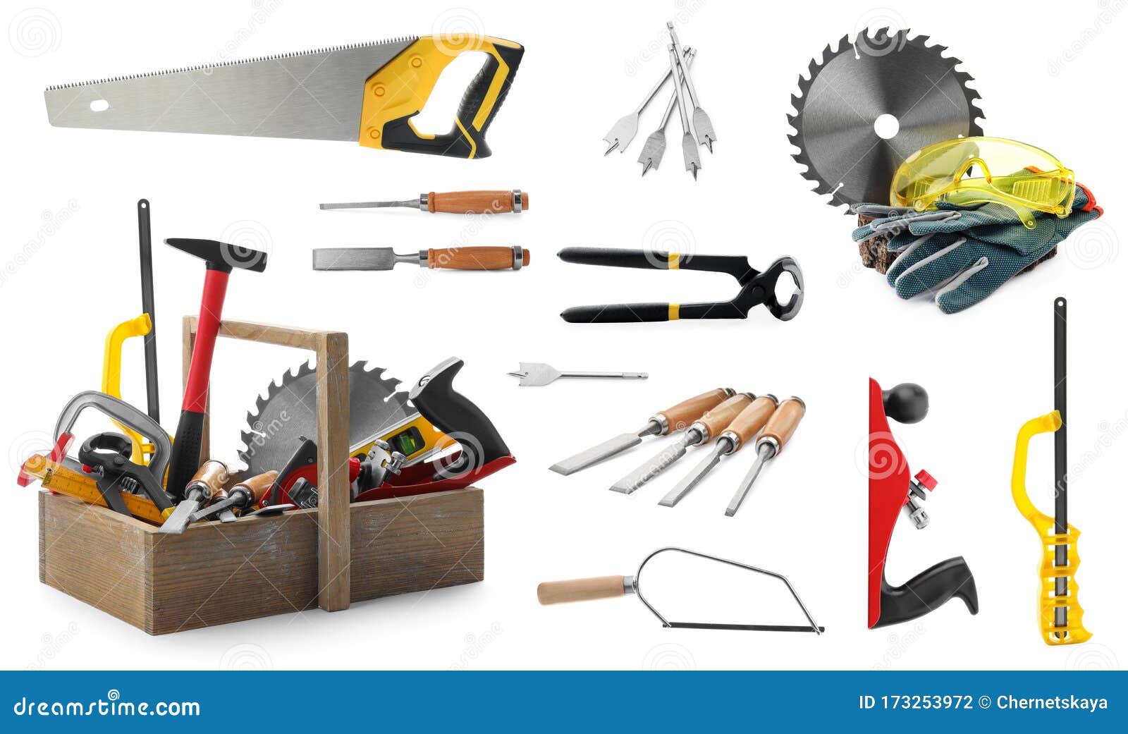 Collage with Different Modern Carpenter`s Tools on White Background ...