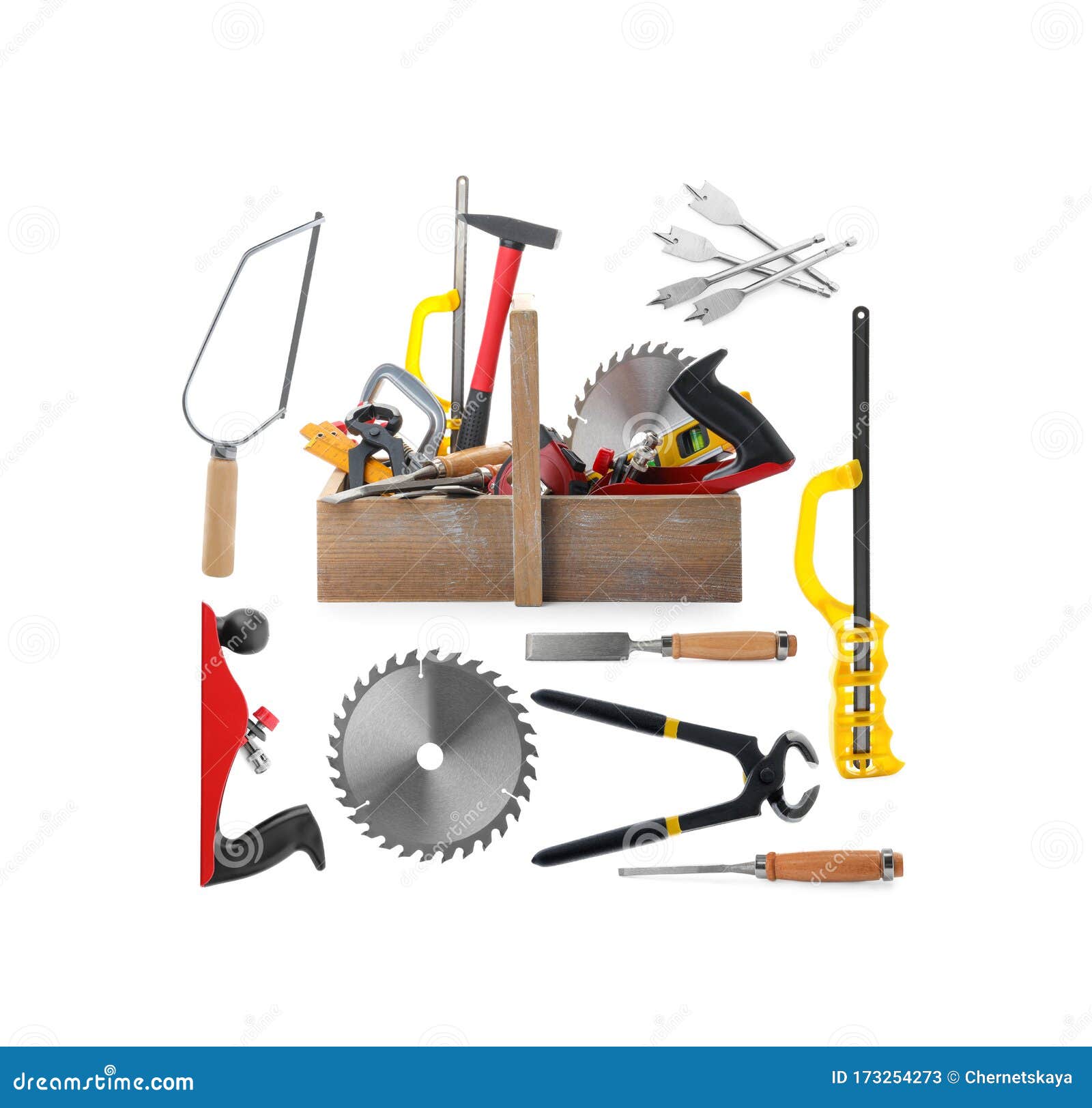 Collage with Different Modern Carpenter`s Tools on White Background ...