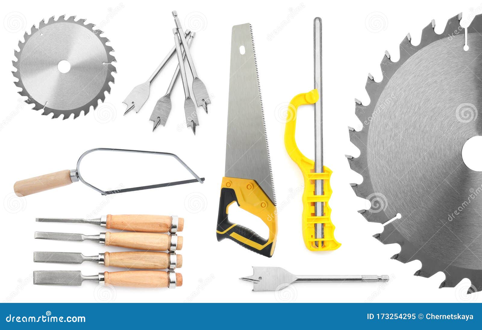 Collage with Different Modern Carpenter`s Tools on White Background ...