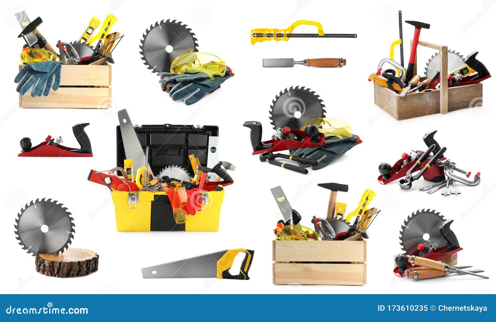 Collage with Different Modern Carpenter`s Tools on White Background ...