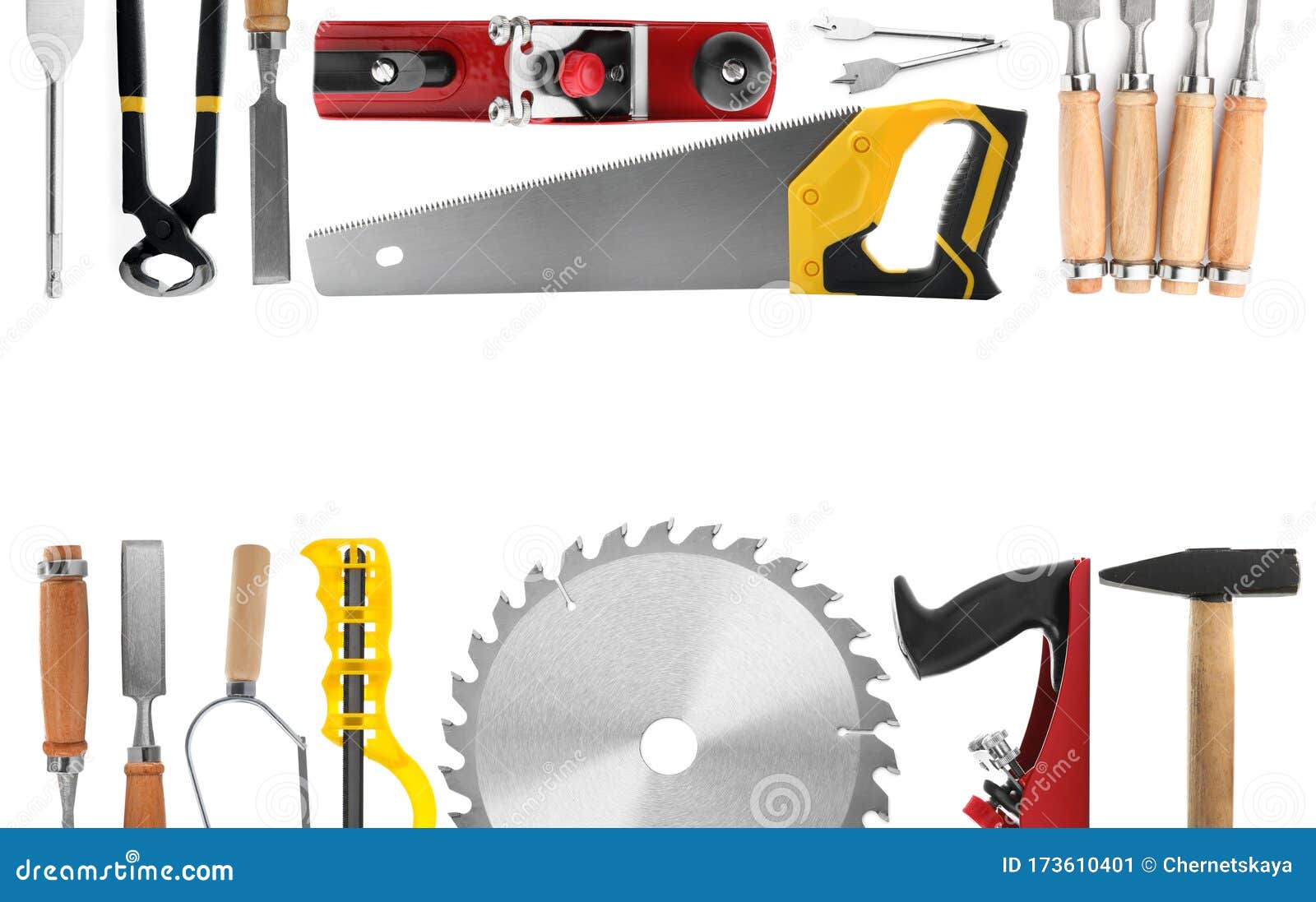Collage with Different Modern Carpenter`s Tools on White Background ...
