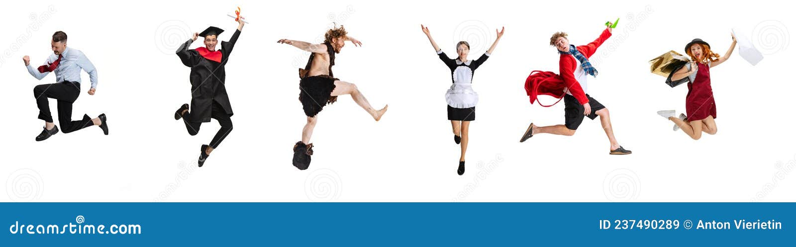 Collage of Different People Jumping in a Line Isolated Over White ...