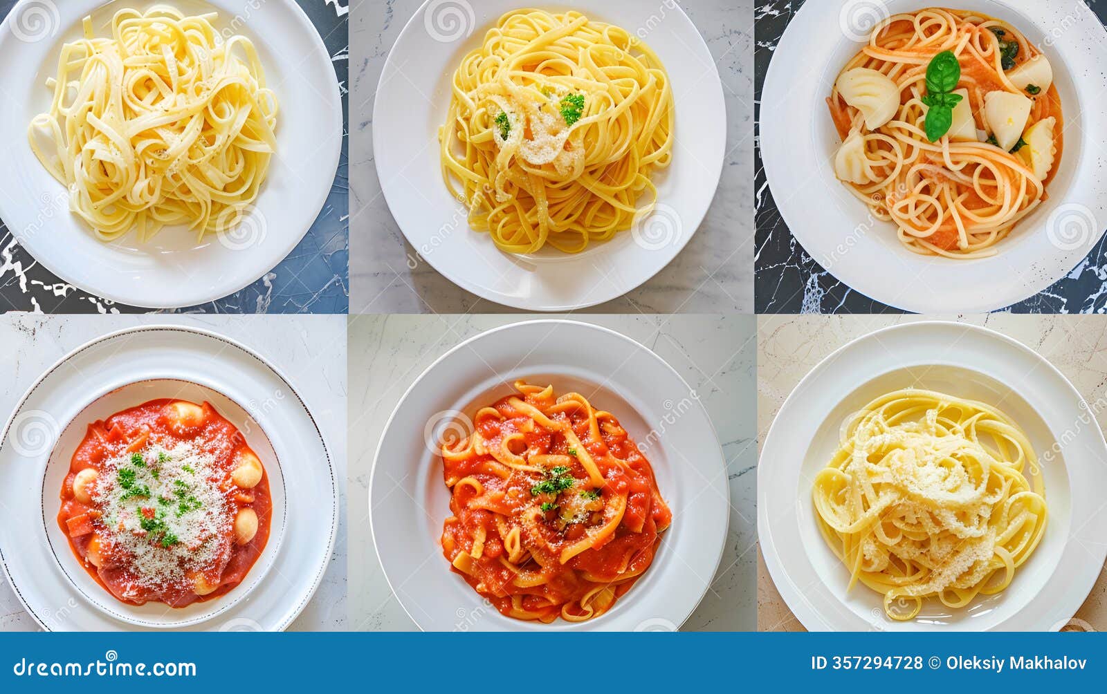 Collage of Different Plates of Pasta Stock Photo - Image of table ...