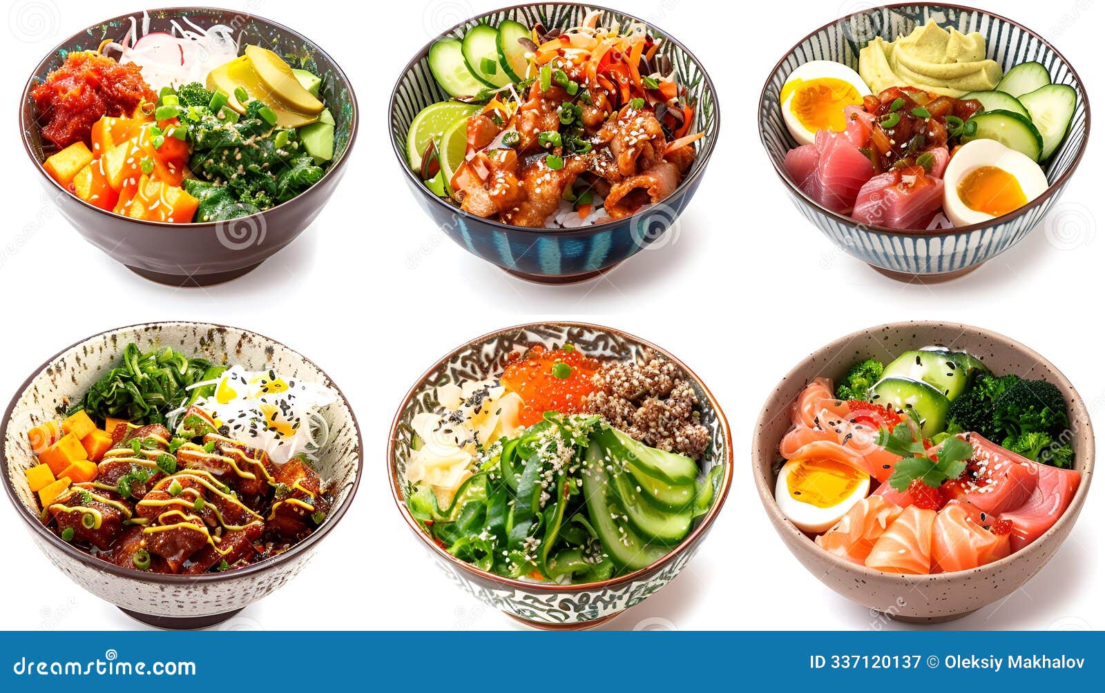 Collage of Different Poke Bowls Isolated on White Stock Illustration ...