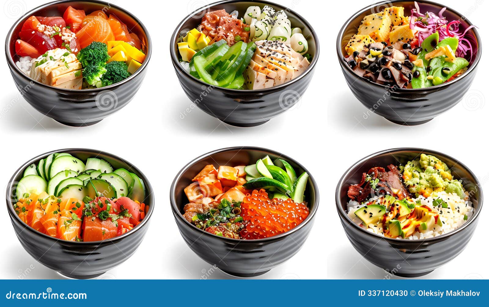 Set Of Poke Bowls. Healthy Food From Natural Products. Vector Cartoon ...