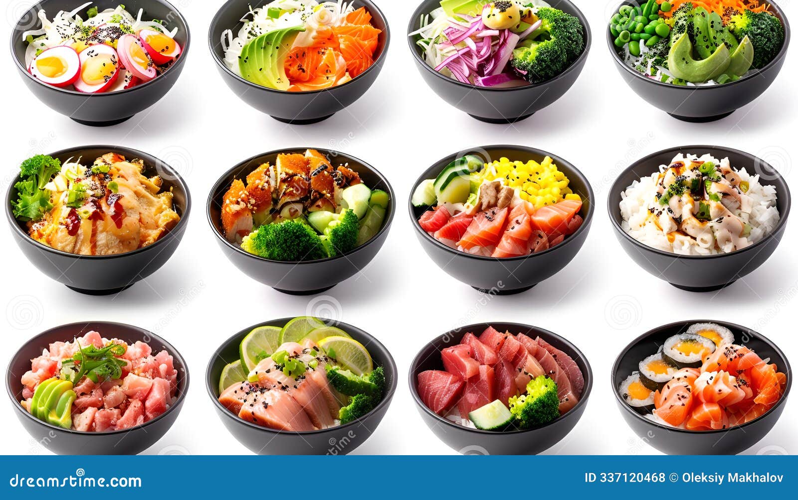 Set Of Poke Bowls. Healthy Food From Natural Products. Vector Cartoon Flat Illustration ...