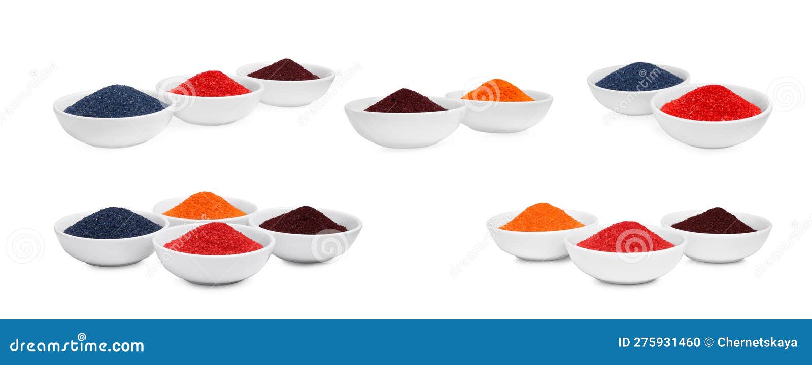 Collage of Different Powdered Food Coloring in Bowls Isolated on White ...