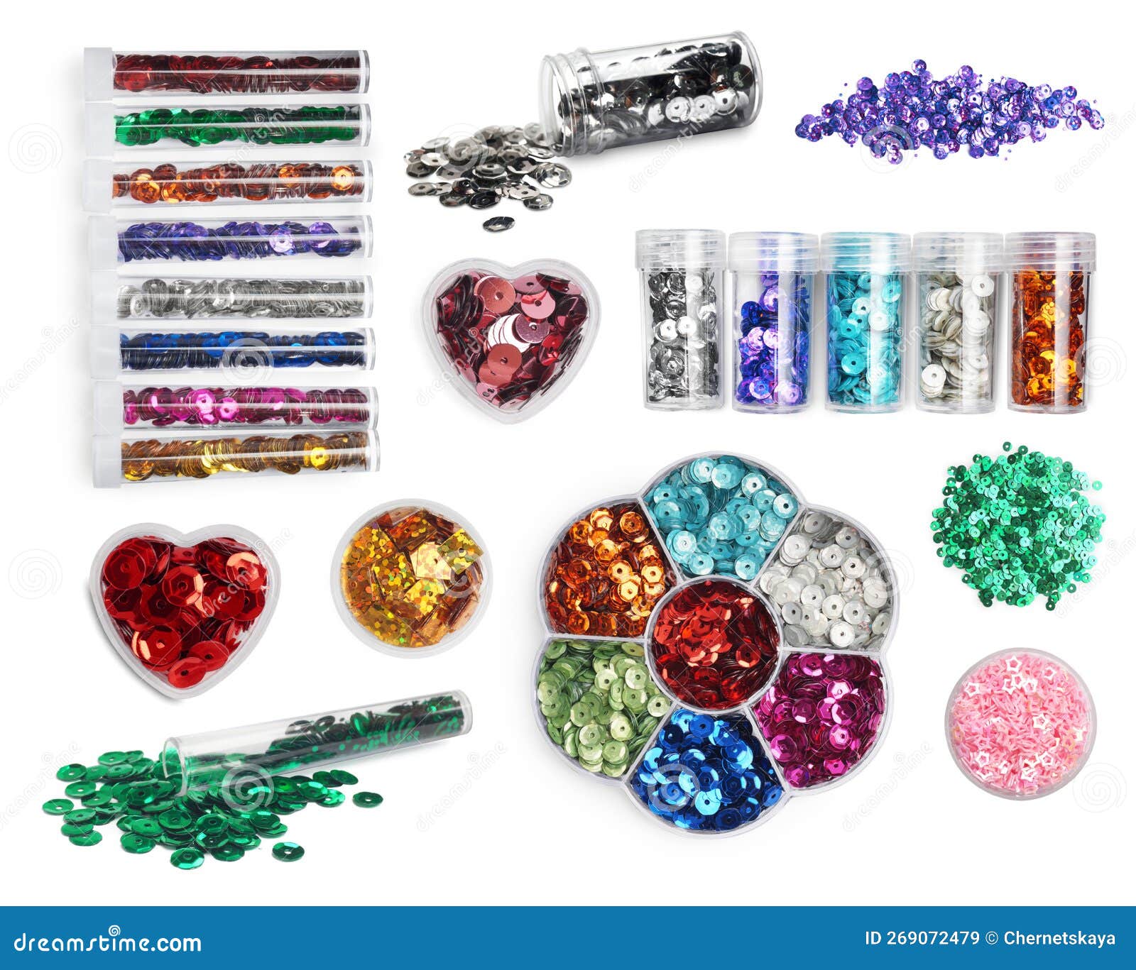 Collage of Different Shiny Sequins on White Background Stock Image ...