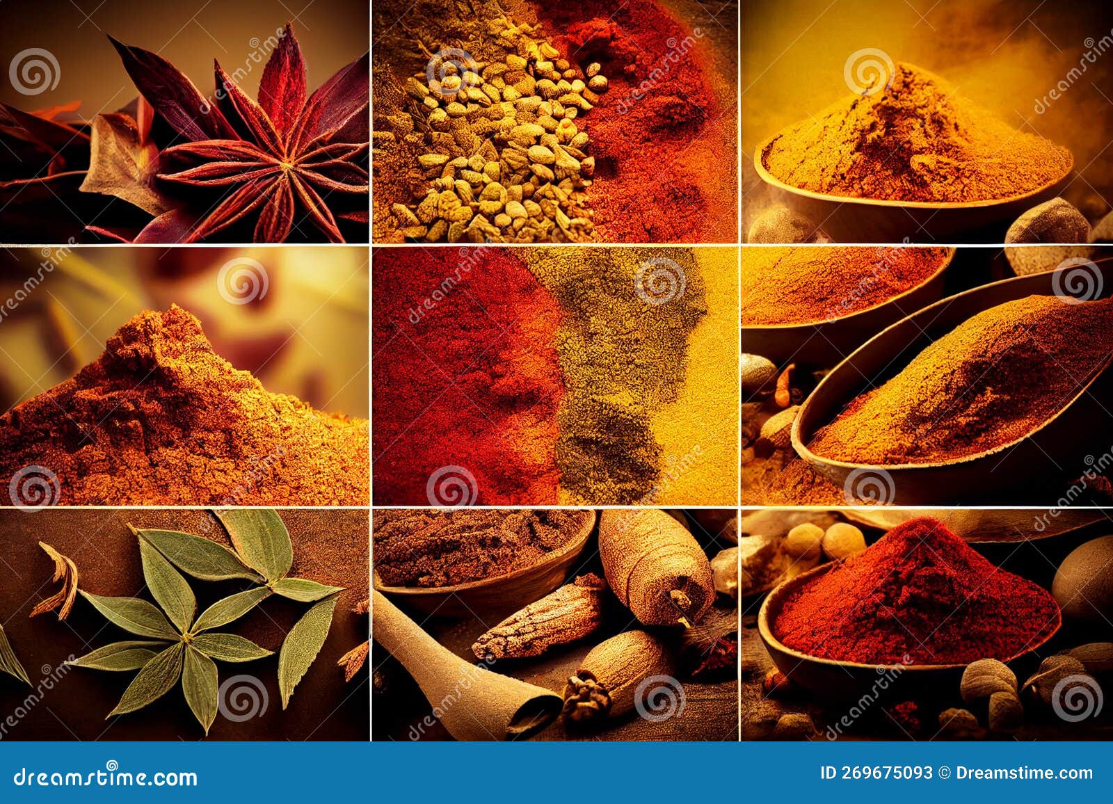 Collage of Different Spices Stock Illustration - Illustration of green ...