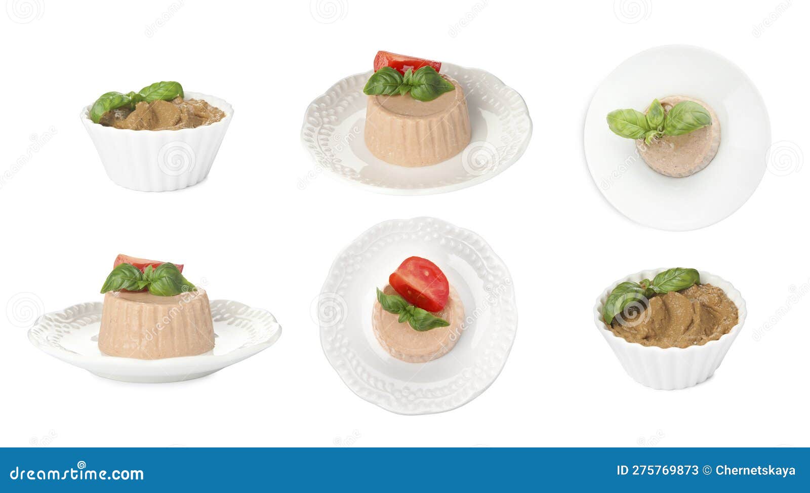 Collage with Different Tasty Pates Served with Basil on White ...