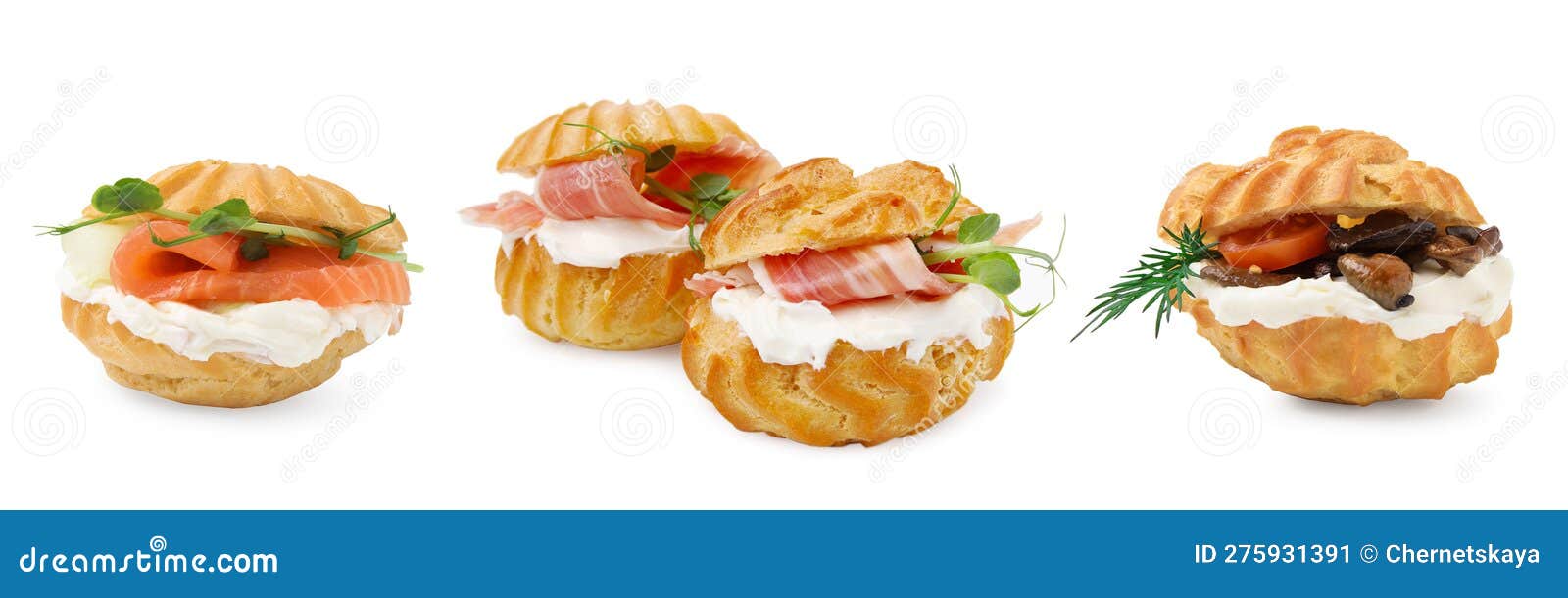 Collage with Different Tasty Profiteroles on White Background Stock ...