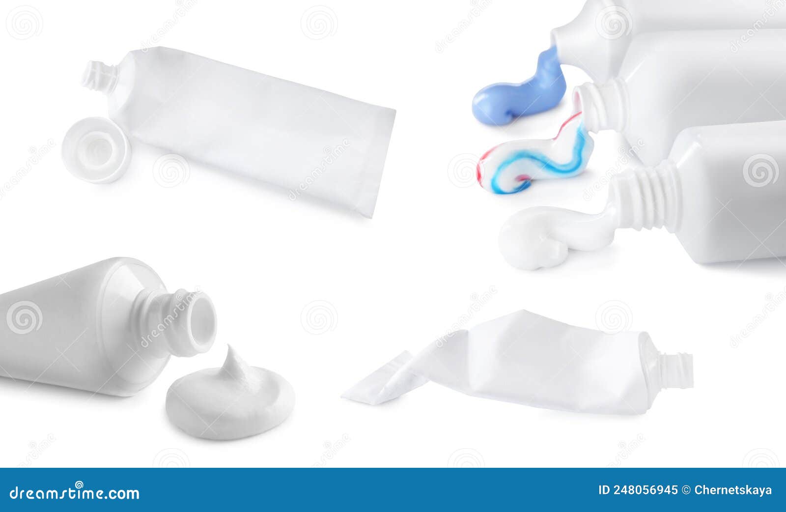 Collage with Different Toothpastes on White Background Stock Image ...