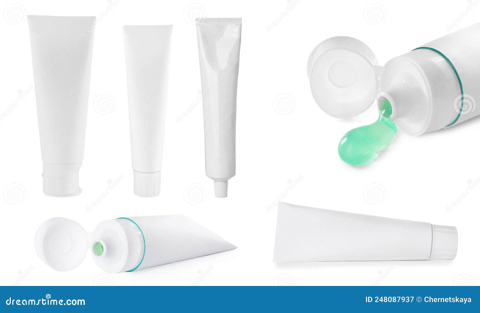 Collage with Different Toothpastes on White Background Stock Image ...
