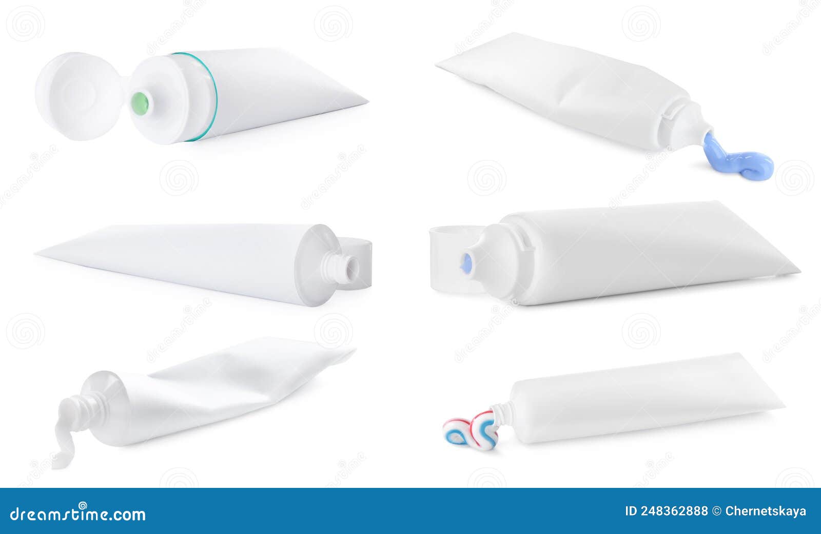 Collage with Different Toothpastes on White Background Stock Photo ...