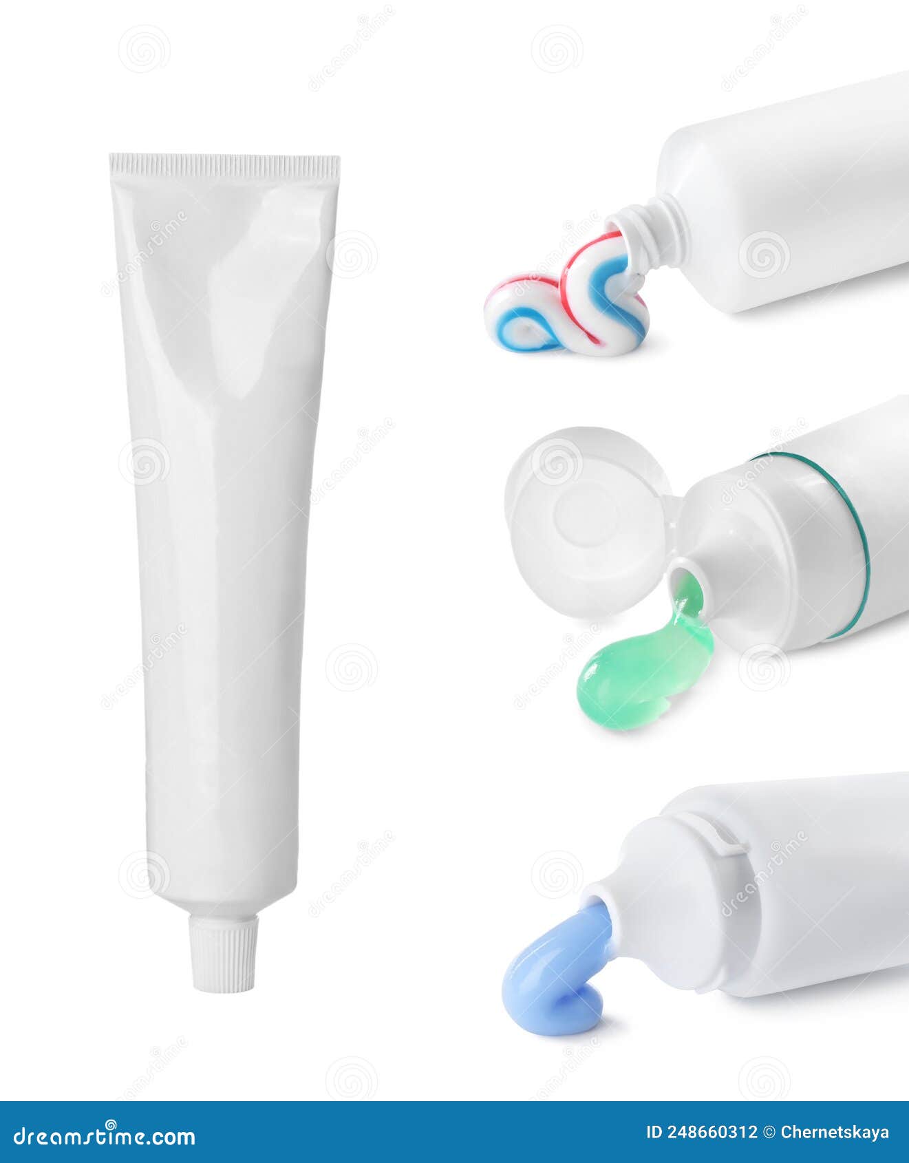 Collage with Different Toothpastes on White Background Stock Photo ...